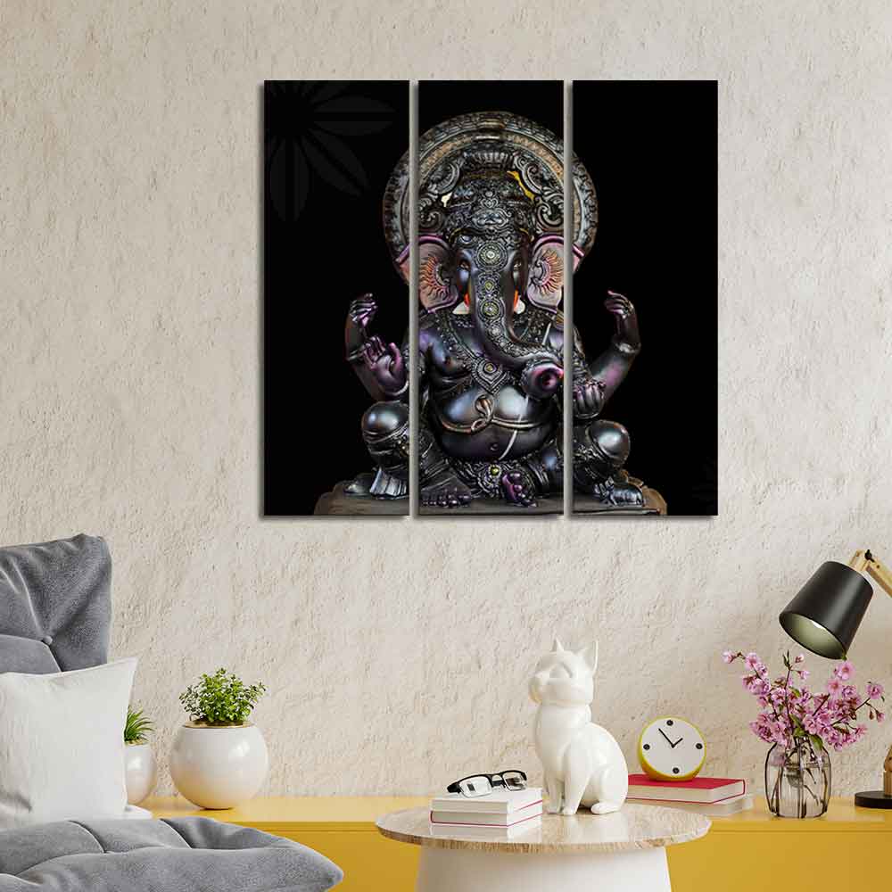 God Ganesha Sculpture Wall Painting of Three Panels – Homcraft