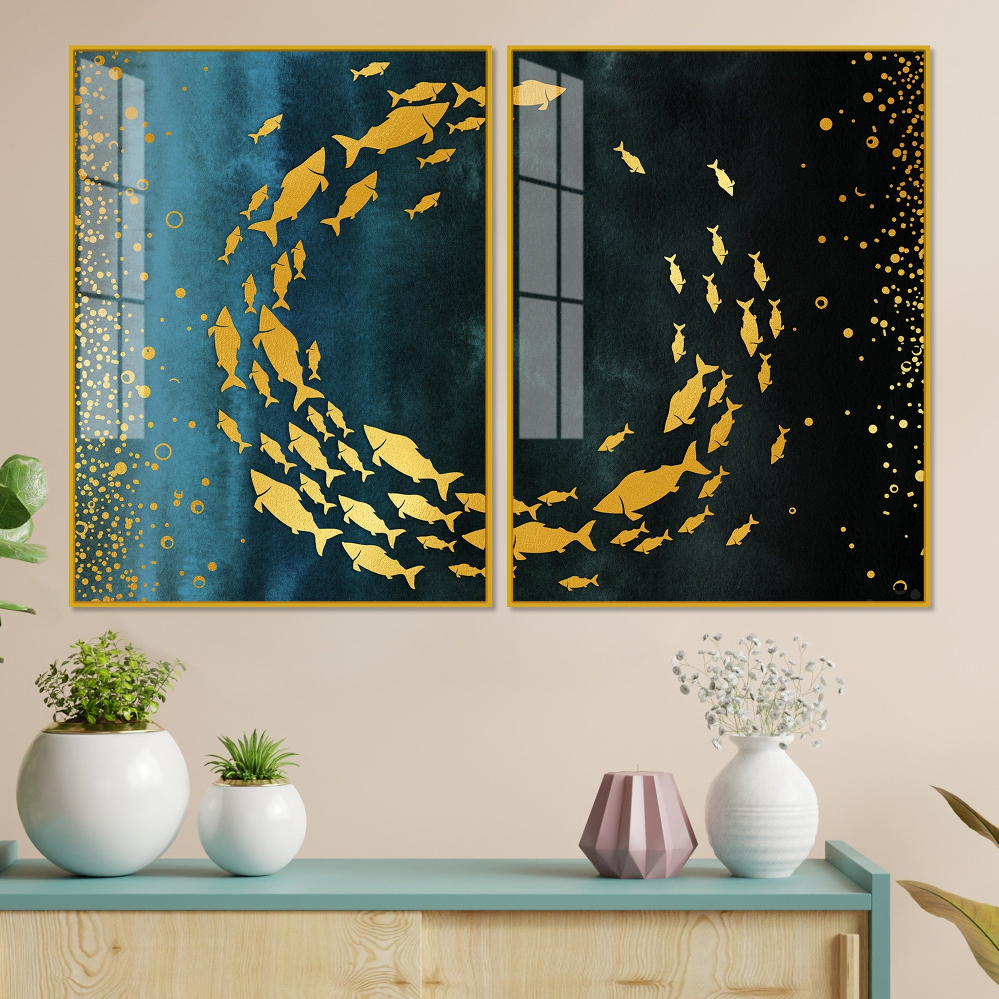 Group of Golden Fishes Acrylic Floating Wall Painting Set of 2 – Homcraft