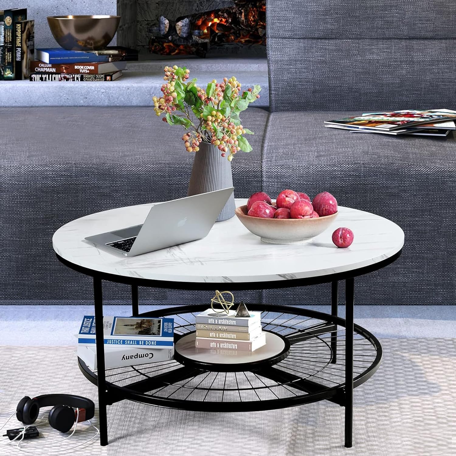 Designer Round Modern Center Table with White Marble Black Metal Finis ...