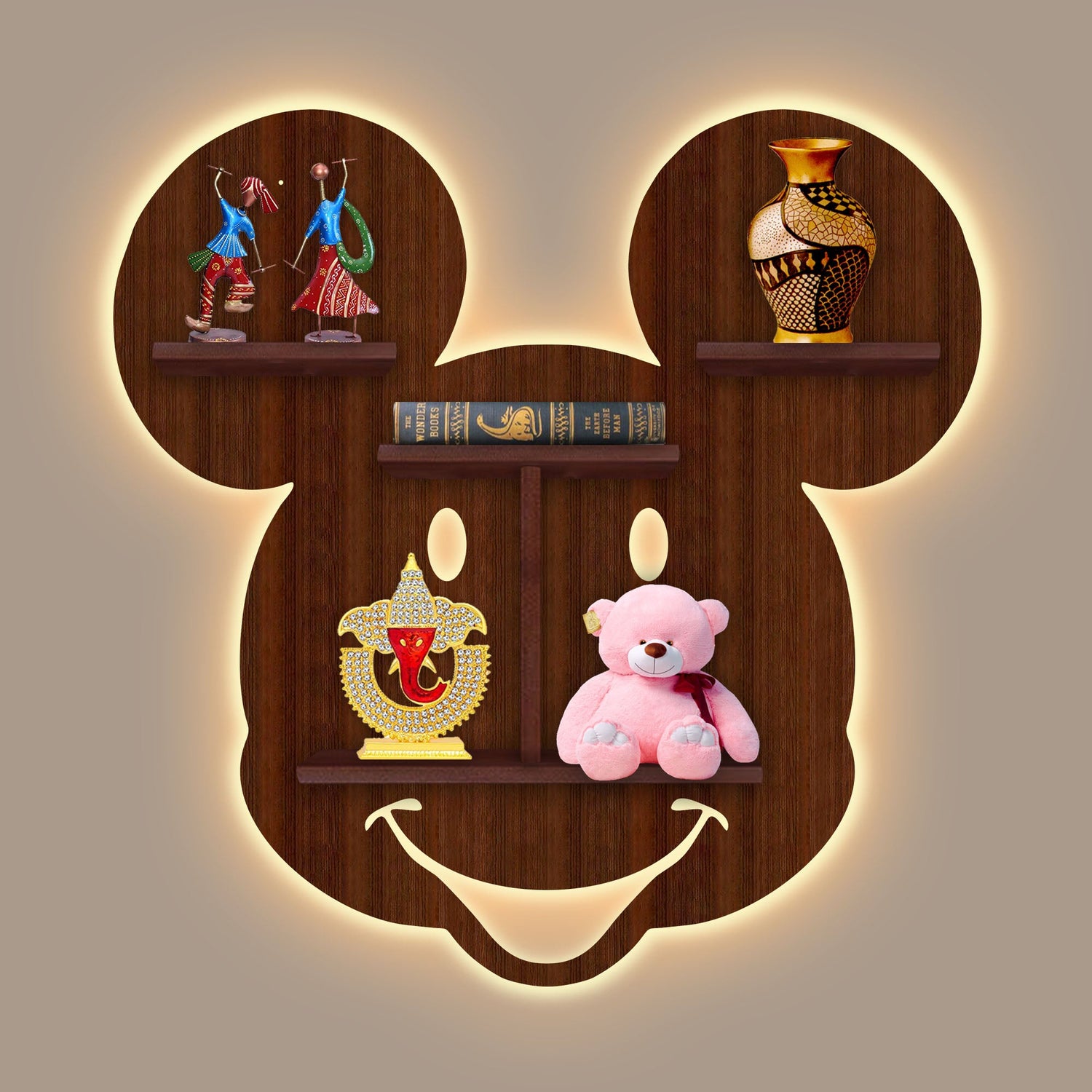Mickey Mouse Face Shape Wooden LED Light Wall Shelf with Walnut Finish ...